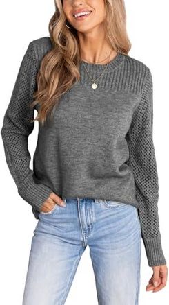 Cupshe Pull en tricot pour femme - Col rond - Manches longues - Automne - Hiver - Tricot fin - Hauts décontractés, gris clair, L