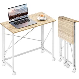 HOMCOM Bureau pliant table dordinateur 80 x 40 cm sur roulettes pour bureau &agrave; domicile, chambre, petits espaces, ch&ecirc;ne-Bois naturel
