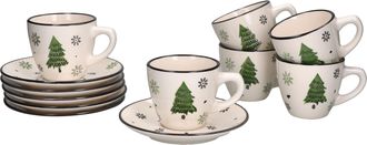 MamboCat Weihnachtsbaum Kaffeetassen mit Untertassen für 6 Personen I Steingut-Set mit Tannenbäumen & Schneeflocken für Weihnachten, Nikolaus & die Adventszeit