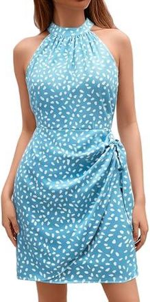 Generic Robe d&eacute;t&eacute; courte sans manches pour femme - Robe de plage &agrave; volants - Robe d&eacute;bardeur l&eacute;g&egrave;re et a&eacute;r&eacute;e - Col rond - Robe trap&egrave;ze - Robe de f&ecirc;te boh&egrave;me - 