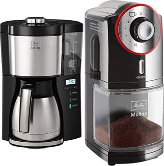 MELITTA Look Therm Timer 1025-17 Cafeti&egrave;re filtres 1X4 Fonction arr&ecirc;t Automatique 10 Tasses Noir/Acier Bross&eacute;, 1080 W, 1.25 liters & Molino, Noir/Rouge, Mouli