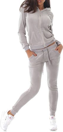 Voyelles Damen Wellnessanzug Hausanzug Jogginganzug Wohlf&uuml;hlanzug Freizeitanzug Zweiteiler Kapuze Jogger Langarm Hellgrau-S