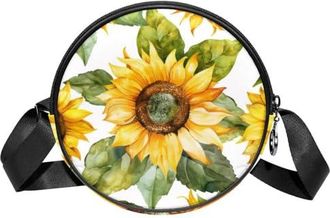 Generic Petit sac &agrave; bandouli&egrave;re rond pour femme, motif tournesol avec fermeture &eacute;clair, bretelles r&eacute;glables, style d&eacute;contract&eacute;, pour femmes et filles