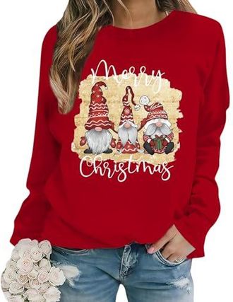Generic Chandail de No&euml;l pour femme - Chandail &agrave; col rond et manches longues - Sweat-shirt nain mignon pour voyage, quotidien, streetwear, Rouge, XXL