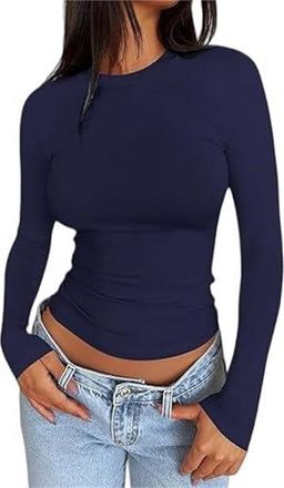 Generic Chemises &agrave; manches longues pour femme - Col rond - Compression serr&eacute;e - T-shirt de yoga extensible et ajust&eacute; pour sortir, bleu marine, XXL
