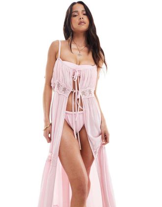 Miss Selfridge V&ecirc;tement de plage long avec liens &agrave; nouer &agrave; lavant et finitions dentelle - Rose p&acirc;le