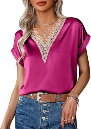 Zeagoo Chemisier Femme Satin Chemise Manche Courte Chic et élégant Blouse Col V en Dentelle Ample Tee Shirt Haut Rose Rouge S