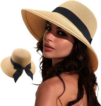 Dreshow Bowknot Chapeau de Soleil pour Femme Bord Large Chapeau de Soleil de Pplage Pliable pour lété Chapeau Sarouel en Paille à Large Bord avec Noeud UPF 50