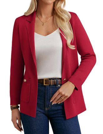 Grace Karin Damen Strickjacke Elegante Langarm Anzugkragen Button Down Freizeit Cardigan Rot 2XL