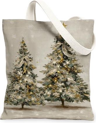 Generic Sacs fourre-tout en toile motif sapin de No&euml;l, sacs d&eacute;picerie r&eacute;utilisables, motif floral vintage, l&eacute;ger, lavable, Gris, 13x15 Inch