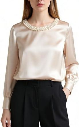 Generic Haut &eacute;l&eacute;gant en satin avec perles synth&eacute;tiques et col rond pour femme - Manches longues - Pour le travail et le bureau, abricot, XL