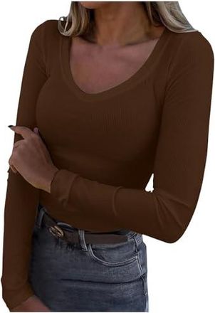 Generic T-Shirt Femme Manches Longues Col V C&ocirc;tel&eacute; Stretch Haut Basique Uni &Eacute;l&eacute;gant et Confortable pour Automne Hiver