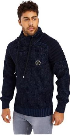 LEIF NELSON Pull en tricot pour homme | Manches longues Slim Fit | Sweat-shirt style motard avec col ch&acirc;le pour homme, bleu, Taille M