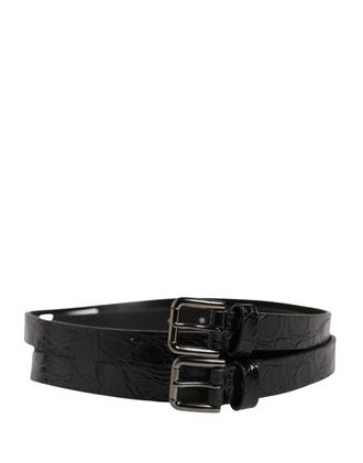 Dolce & Gabbana Mens Black Double Strap Leather Silver Buckle Belt Caiman