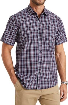 Hisdern Chemise Homme Carreaux Manches Courtes Boutonnées Décontractées Travail Chemises été Hommes avec Poches Coupe Régulière Bleu Marine & Rouge XL