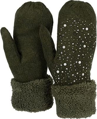 styleBREAKER Femmes moufles chaudes dhiver en tricot avec strass et perles, gants, thermo polaire, gants tricot&eacute;s 09010039, couleur:Olive