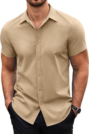 Coofandy Hemd Herren Kurzarm Sommerhemd Einfarbig Freizeithemd Slim Fit Sommer Business Hemd Kurzarmhemden Basic Shirt Bügelfreie Hemden Khaki XXL