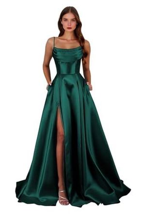 Generic Robes de bal en satin à bretelles spaghetti avec fente trapèze, robes de bal longues robes de soirée formelles avec poches, paon, 52 Grande taille