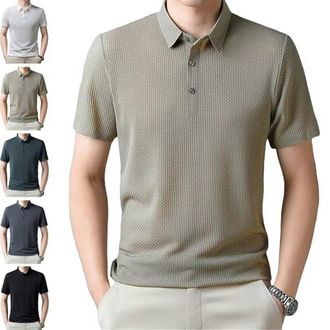 Generic T-shirt &agrave; manches courtes en maille de soie glac&eacute;e pour homme, polo d&eacute;t&eacute; &agrave; s&eacute;chage rapide, chemise boutonn&eacute;e pour homme, kaki, 3XL