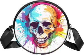 Generic Petit sac &agrave; bandouli&egrave;re rond pour femme, motif t&ecirc;te de mort, avec fermeture &eacute;clair, bretelles r&eacute;glables, style d&eacute;contract&eacute;, pour femmes et filles