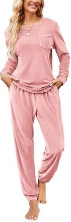 Ekouaer Ensembles de Pyjamas pour Femmes Ensemble de Loisirs en Velours à col Rond Long Ensemble de Pyjama dhiver Costume de Maison Décontracté Chaud Rose XXL