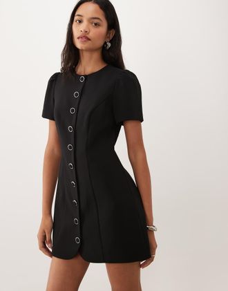 Forever New Robe courte boutonn&eacute;e structur&eacute;e &agrave; manches bouffantes - Noir