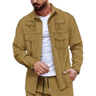Generic Chemise boutonn&eacute;e pour homme avec poche, chemise &agrave; manches longues, chemise gaufr&eacute;e, col &agrave; revers, chemise dext&eacute;rieur respirante, d&eacute;contract&eacute;e, haut d