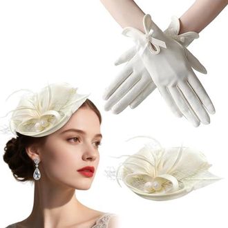 Generic Chapeau bibi et gant de mariage pour femme Noble Cambric Fleur Rubans Plumes Chapeau, ecru, Taille unique