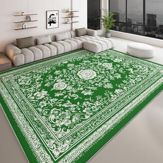 Generic Tapis Vert Lavable pour Salon, Tapis &agrave; Poils Courts Antid&eacute;rapant R&eacute;tro Fleurs Feuilles Magnifique pour Enfants Bureau Salle &agrave; Manger Cuisine et Chambr