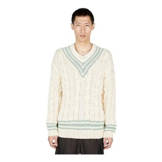 Visvim Homme, Pulls, Blanc, Taille: S V-Collegium Cable Knit Sweater