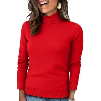Generic Pull Femme Hiver Chaud col Montant Mode Ample Sweatshirts Couleur Unie Pull Femme Chic et El&eacute;gant D&eacute;contract&eacute; Manche Longue Jumper Tops Rouge