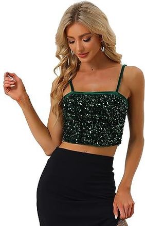 Allegra K Femme Velours Spaghetti Strap Paillettes Paillettes Camisole Crop Cami Top de No&euml;l Vert Fonc&eacute; S