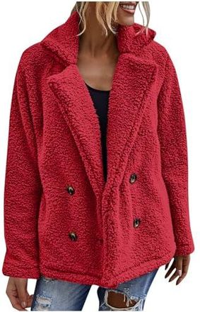 Generic Veste dhiver boutonn&eacute;e avec poches pour femmes, couleur unie, style d&eacute;contract&eacute;, Rouge, XXL