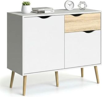 Dmora Sideboard mit zwei T&uuml;ren und einer Schublade, Wei&szlig; und Eiche, Ma&szlig;e 98 x 81 x 39 cm