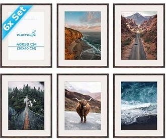 Photolini Cadre 40 x 50 bois MDF ch&ecirc;ne fonc&eacute;, lot de 6 cadres photo avec passe-partout pour posters et affiches, verre acrylique incassable, d&eacute;coration murale &agrave;