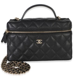 Chanel Black Quilted Caviar Top Handle Slim Vanity With Chain