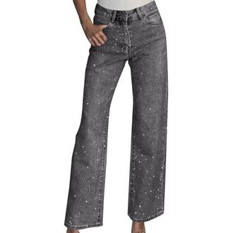 Generic Jean taille haute avec strass scintillants pour femme - Pantalon baggy droit et large - Diamant brillant - Style d&eacute;contract&eacute; - Pantalon en jean &agrave; pail