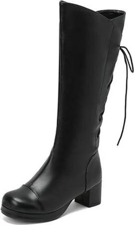 Generic Bottes hautes &agrave; lacets &eacute;lastiques pour femme avec fermeture &eacute;clair lat&eacute;rale, plateforme confortable, bout rond, talons blocs, chaussures dhiver, Noir,