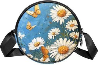Generic Sac &agrave; bandouli&egrave;re rond pour femme, motif papillons, marguerites, petit sac &agrave; bandouli&egrave;re avec fermeture &eacute;clair, bretelles r&eacute;glables, sac &agrave; main rond d