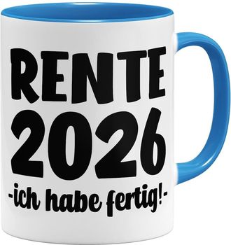 OM3 Kaffee-Tasse mit Spruch - Rente 2026 - Ich habe fertig! - Keramik Becher - 325ml - Beidseitig Bedruckt - Hellblau
