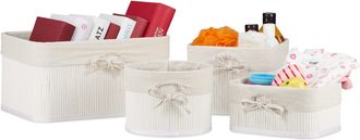 Relaxdays 8 TLG Aufbewahrungskorb Set, aus Bambus mit Stoffbezug, 4 Größen, für Regal & Schrank, Bad, Kosmetik & Handtücher, weiß