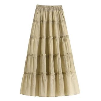 Generic Jupe maxi pour femme smock&eacute;e taille haute fluide &agrave; volants coupe A ligne longue jupe de plage pour femme avec noeud, kaki, taille unique