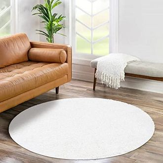 Carpet City Shaggy Tapis de salon, &agrave; poils longs, motif uni, blanc, 160 cm, rond, doux et moelleux, moderne, convient &eacute;galement &agrave; la chambre &agrave; coucher