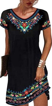 Onsoyours Femme Mini Robe Robe de Printemps &Eacute;l&eacute;gante Col en V Manches Courtes Longueur Genou Florale Robe D&eacute;contract&eacute;e Boho B Noir01 L