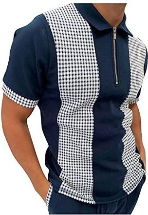 Generic Polo daffaires à manches courtes pour homme - Polo à carreaux patchwork - Polo tendance de qualité supérieure - Polo à fermeture éclair - Polo de trav