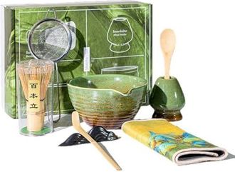 Generic Service &agrave; th&eacute; matcha de qualit&eacute; sup&eacute;rieure - Bol en c&eacute;ramique - Bo&icirc;te professionnelle de 8 pi&egrave;ces - FJT japonais - Gla&ccedil;age vert - &Eacute;l&eacute;gant et artistiqu