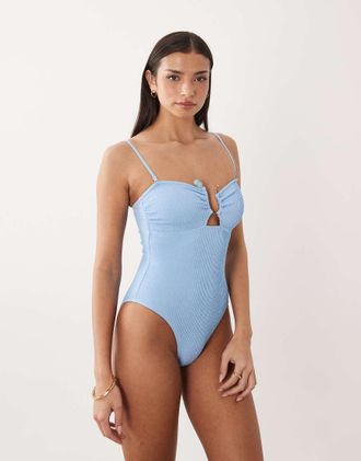 South Beach Tr&auml;gerloser Badeanzug in Mittelblau mit Zierausschnitt