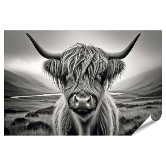 Islandburner XXL Bild Poster Highland Rind in Berglandschaft Schwarz Wei&szlig; Fotografie Premium Bilder Fotodruck