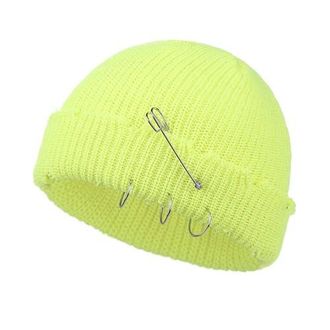 Generic Bonnet tricot&eacute; avec d&eacute;coration et &eacute;pingle unisexe c&ocirc;tel&eacute; doux unisexe pour homme et femme, bonnet dhiver en tricot doux et chaud, 01-Vert fluo, taille