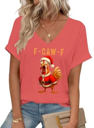 Generic T-shirt F Caw F &agrave; col en V et coq - T-shirt gothique de No&euml;l - Graphique amusant - Tendance - D&eacute;contract&eacute; - Manches courtes - Vacances quotidiennes, R